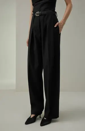 Lilysilk Box Pleated Silk-wool Trouser - Black