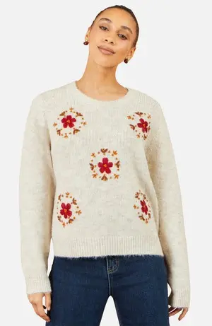 YUMI Patch Floral Embroidered Relaxed Jumper - Ivory
