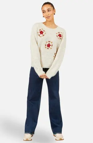 YUMI Patch Floral Embroidered Relaxed Jumper