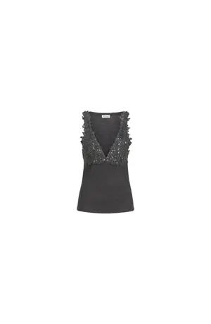 Brunello Cucinelli Ribbed Wool Jersey Top With Dazzling Lace Embroidery