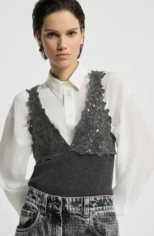 Brunello Cucinelli Ribbed Wool Jersey Top With Dazzling Lace Embroidery