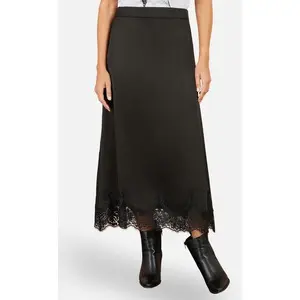 YUMI Lace Trim Satin Midi Skirt