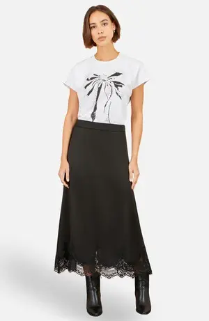 YUMI Lace Trim Satin Midi Skirt
