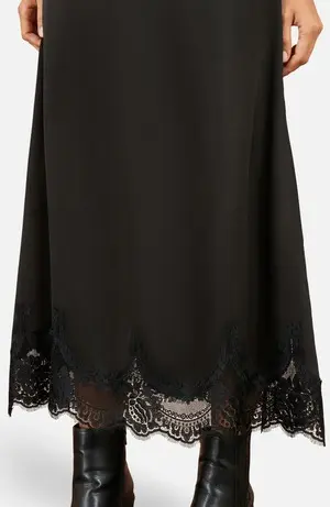 YUMI Lace Trim Satin Midi Skirt