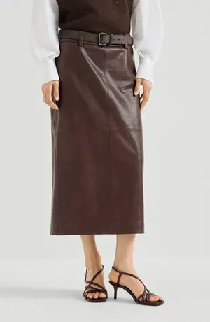 Brunello Cucinelli Polished Nappa Leather Pencil Skirt - Burgundy