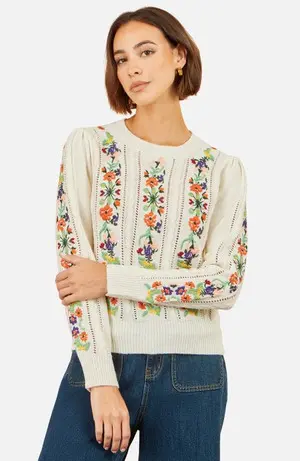 YUMI Floral Embroidery Cable Jumper - Ivory
