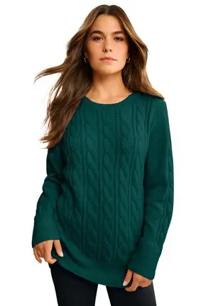 Roaman's Cozy Cable Crewneck Sweater - Emerald Green