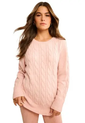 Roaman's Cozy Cable Crewneck Sweater - Soft Blush