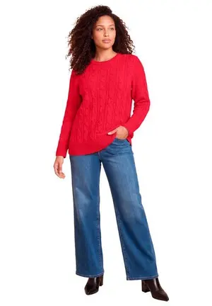 Roaman's Cozy Cable Crewneck Sweater - Vivid Red