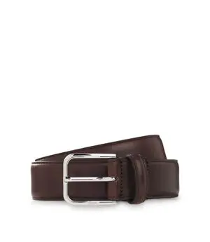 BOSS Leather Business Belt With Polished Silver Buckle - Dark Brown