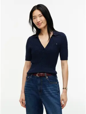 Tommy Hilfiger Short-sleeve Cable Knit Sweater Polo - Dark Blue