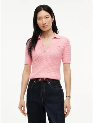 Tommy Hilfiger Short-sleeve Cable Knit Sweater Polo - Carnation Pink
