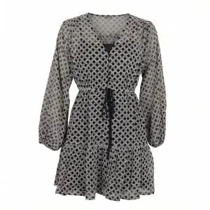 MODENAIRE Polka Dot Embroidered Lace Dress With V-neck & Tie Waist - Black