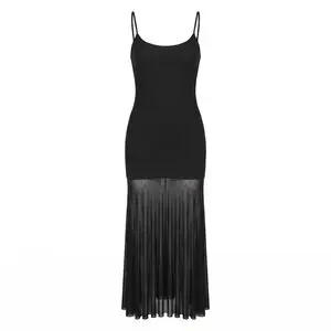 MODENAIRE Sheer Mesh Maxi Dress With Spaghetti Straps & A Fitted Silhouette - Black