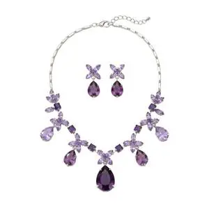 MODENAIRE Elegant Crystal Necklace And Earrings Set - Purple