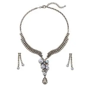 MODENAIRE Pearl Crystal Trickling Necklace And Earring Set - Black