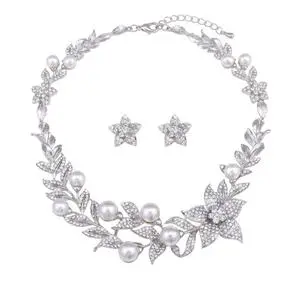 MODENAIRE Pearl Crystal Sharp Petal Necklace And Earring Set - Silver
