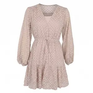 MODENAIRE Polka Dot Embroidered Lace Dress With V-neck And Tie Waist - Pink