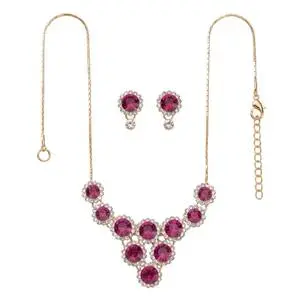 MODENAIRE Elegant Gold Tone Necklace And Dangle Earrings Set - Pink