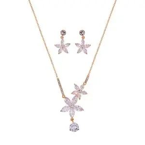 MODENAIRE White / Gold Flower Crystal Necklace Earrings Set - White/gold