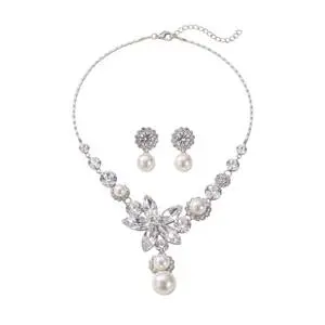 MODENAIRE Pearl Drop Necklace And Earrings Set - Silver