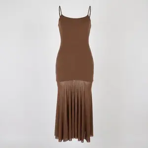MODENAIRE Sheer Mesh Maxi Dress With Spaghetti Straps - Brown