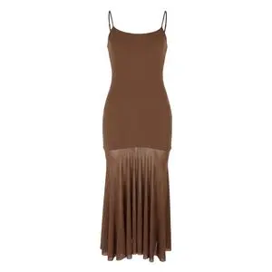MODENAIRE Sheer Mesh Maxi Dress With Spaghetti Straps - Brown