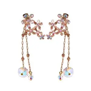 MODENAIRE Crystal Flower Drop Earrings With Dangle Chains - Gold