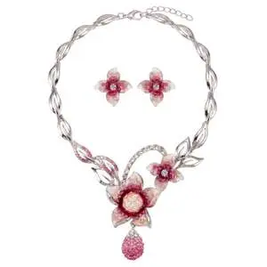 MODENAIRE Silver Flower Necklace And Earrings Set - Pink
