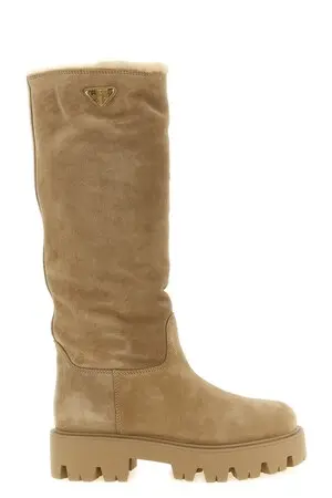 Prada High Suede Boots With Logo