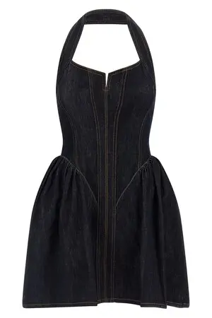 SELF-PORTRAIT Denim Halterneck Corset Mini Dress