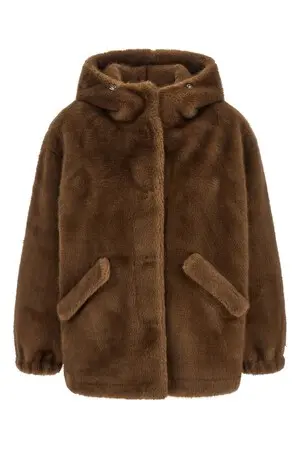 LOU ANDREA Eco-fur Hooded Jacket - Brown