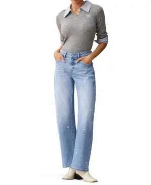 BAYEAS Floral Embroidered Mid Rise Barrel Denim Jeans In Medium