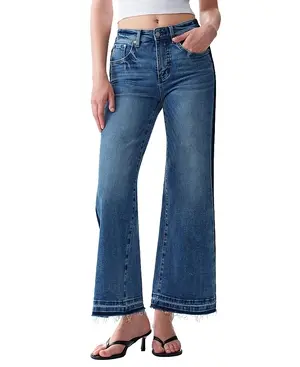 BAYEAS Mid Rise Wide Leg Frayed Hem Denim Jeans With Two-tone Splice In Trappist-1e - Blue