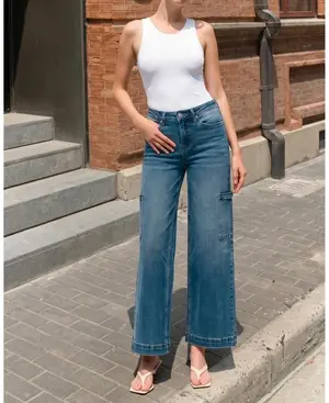 BAYEAS High Rise Wide Leg Jeans With Side Patch Pockets