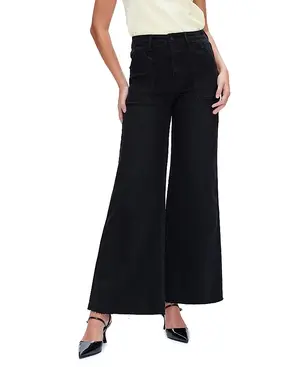 BAYEAS Embroidered High Rise Wide Leg Raw Hem Denim Jeans In Rock - Black