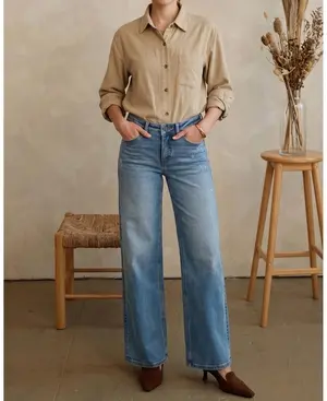 BAYEAS Mid Rise Wide Leg Denim Jeans Stretch Comfortable In Medium