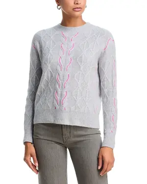 Aqua 100% Cashmere Crewneck Cable Knit Sweater Exclusive - Light Grey/ Pink