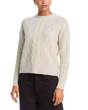 Aqua 100% Cashmere Crewneck Cable Knit Sweater Exclusive - Oatmeal/yellow