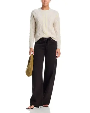 Aqua 100% Cashmere Crewneck Cable Knit Sweater Exclusive - Oatmeal/yellow