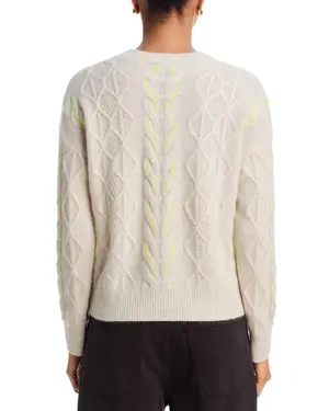 Aqua 100% Cashmere Crewneck Cable Knit Sweater Exclusive - Oatmeal/yellow