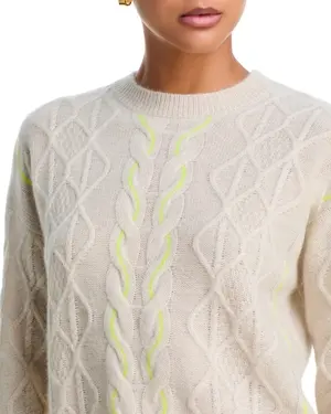 Aqua 100% Cashmere Crewneck Cable Knit Sweater Exclusive - Oatmeal/yellow
