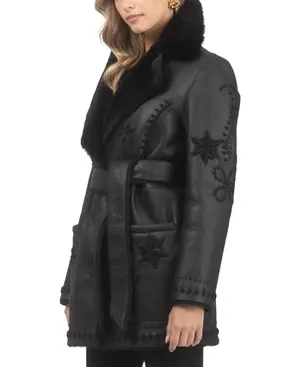Gorski Merino Shearling Lamb Jacket With Embroidery And Belt - Black