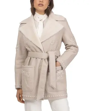 Gorski Merino Shearling Lamb Jacket With Embroidery And Belt - Cream