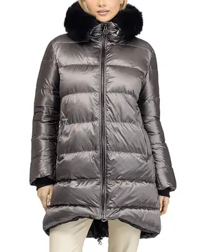 Gorski Mid-length Down Jacket With Detachable Toscana Lamb Hood Trim - Greige/black