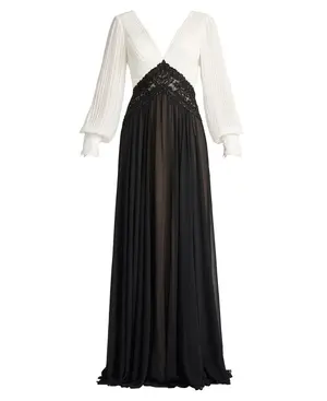 Tadashi Shoji Benulo Pleated Embroidered Waist Gown