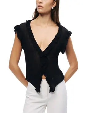 NOCTURNE Ruffled V-neck Sheer Blouse