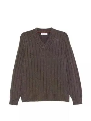 Brunello Cucinelli Ribbed V-neck Jumper - Brown