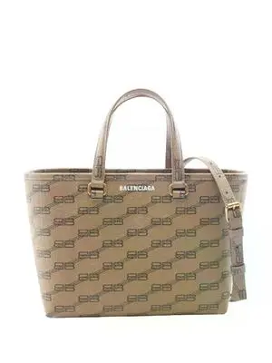 Balenciaga 2018-2026 Small Bb Monogram Coated Canvas Signature Shopper Tote Bag - Brown