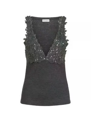 Brunello Cucinelli Ribbed Wool Jersey Top With Dazzling Lace Embroidery